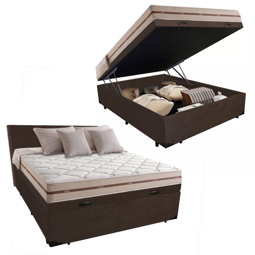 Cama Box Baú Casal com Cabeceira + Colchão De Molas Ensacadas Anjos Royal 64x188x138cm Cor ...
