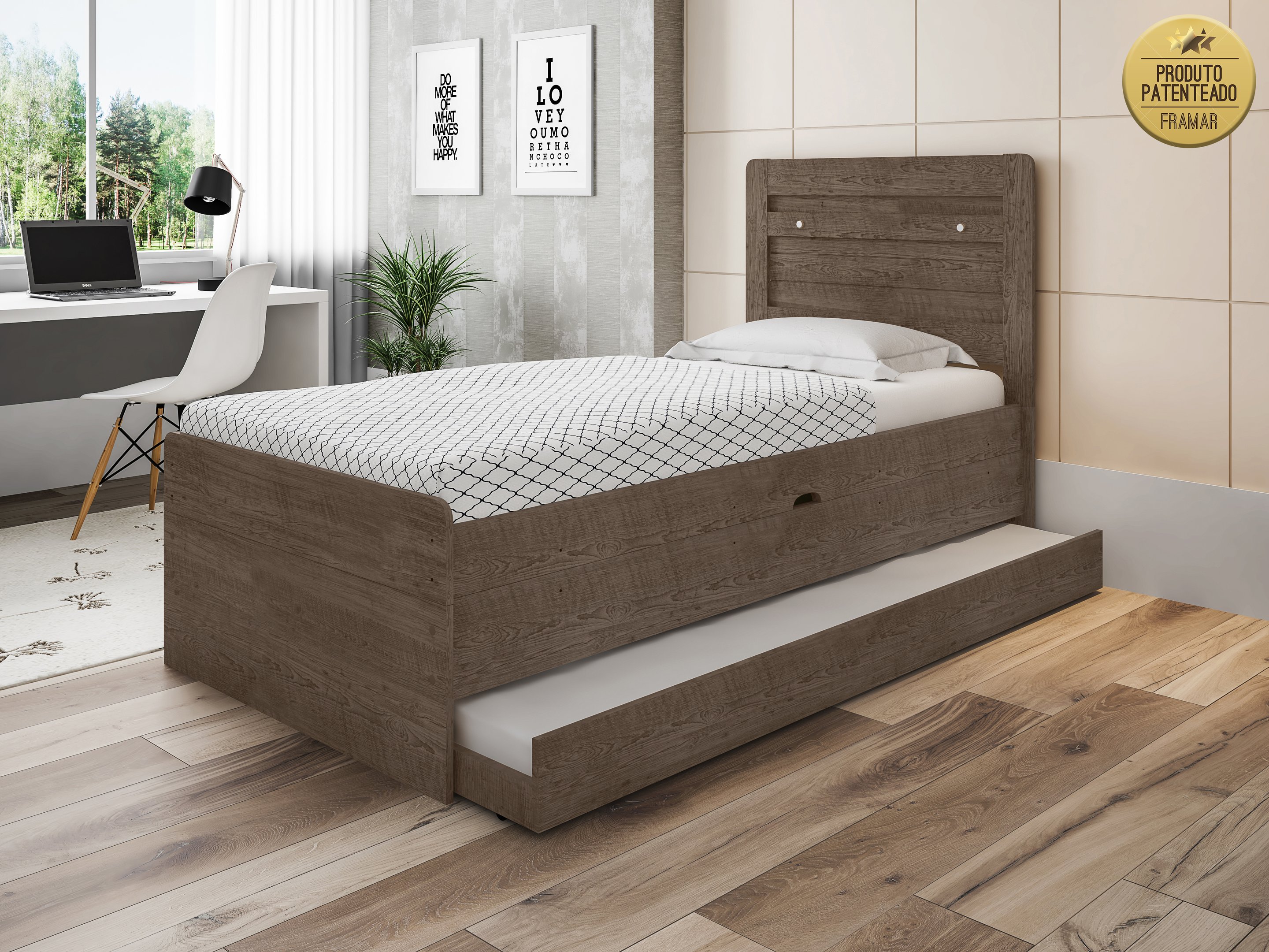 Bicama com Baú e cama Auxiliar Solteiro Larissa Chocolate | MadeiraMadeira