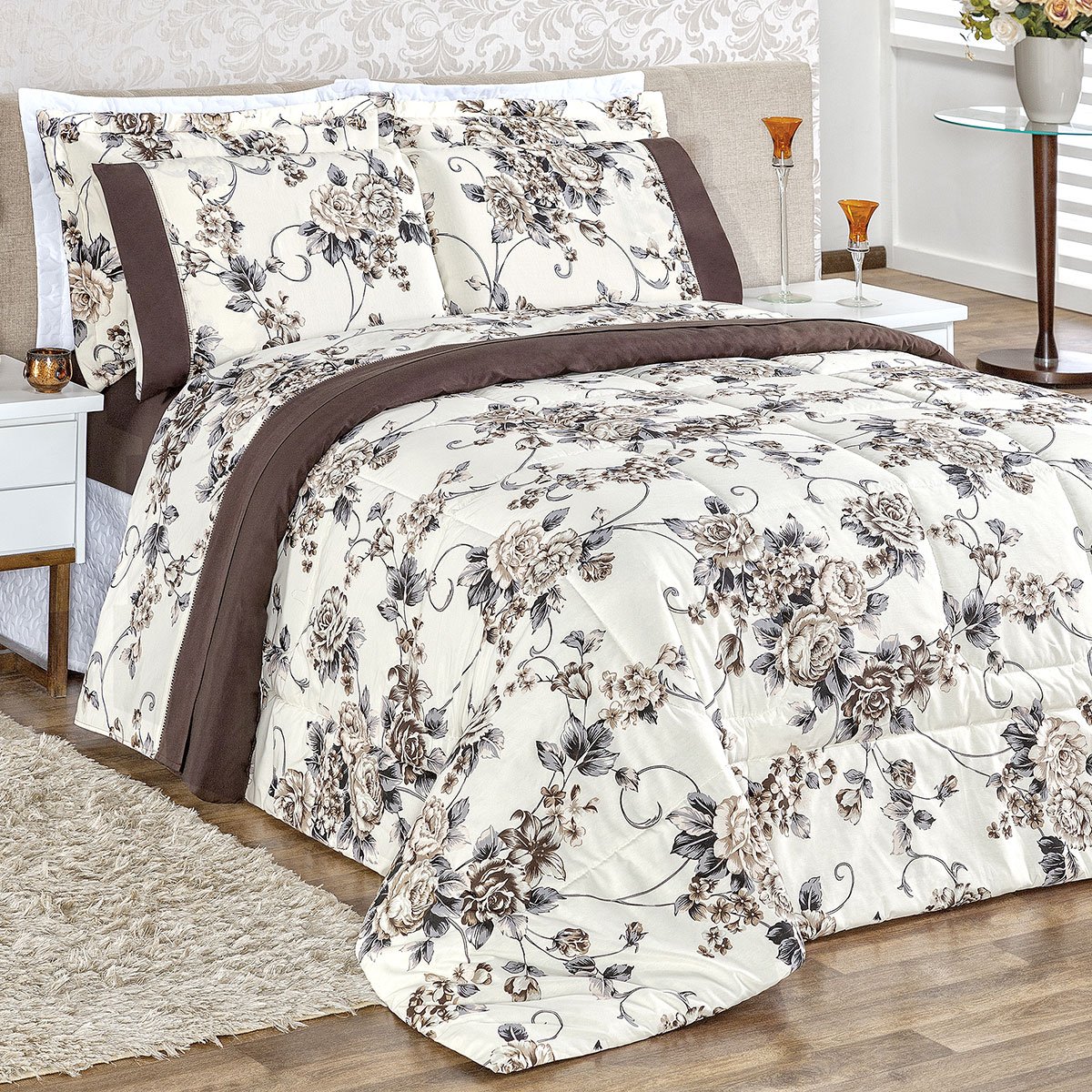 Kit Edredom Super King Grande Dupla Fece Tabaco Floral 180 Fios 3 Peças ...