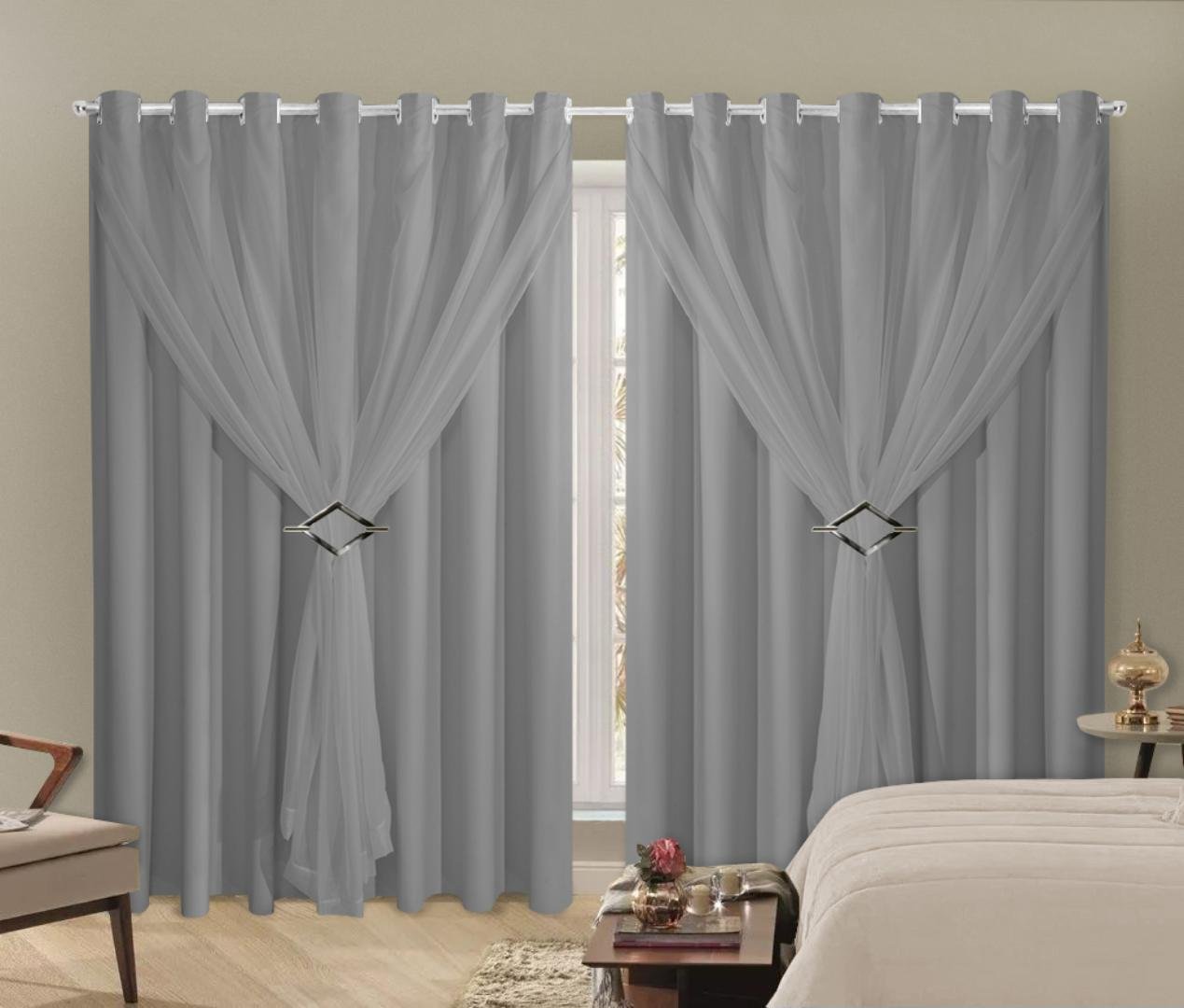 Cortina Blackout PVC 4,00m X 2,50m Com Voil Cinza | MadeiraMadeira