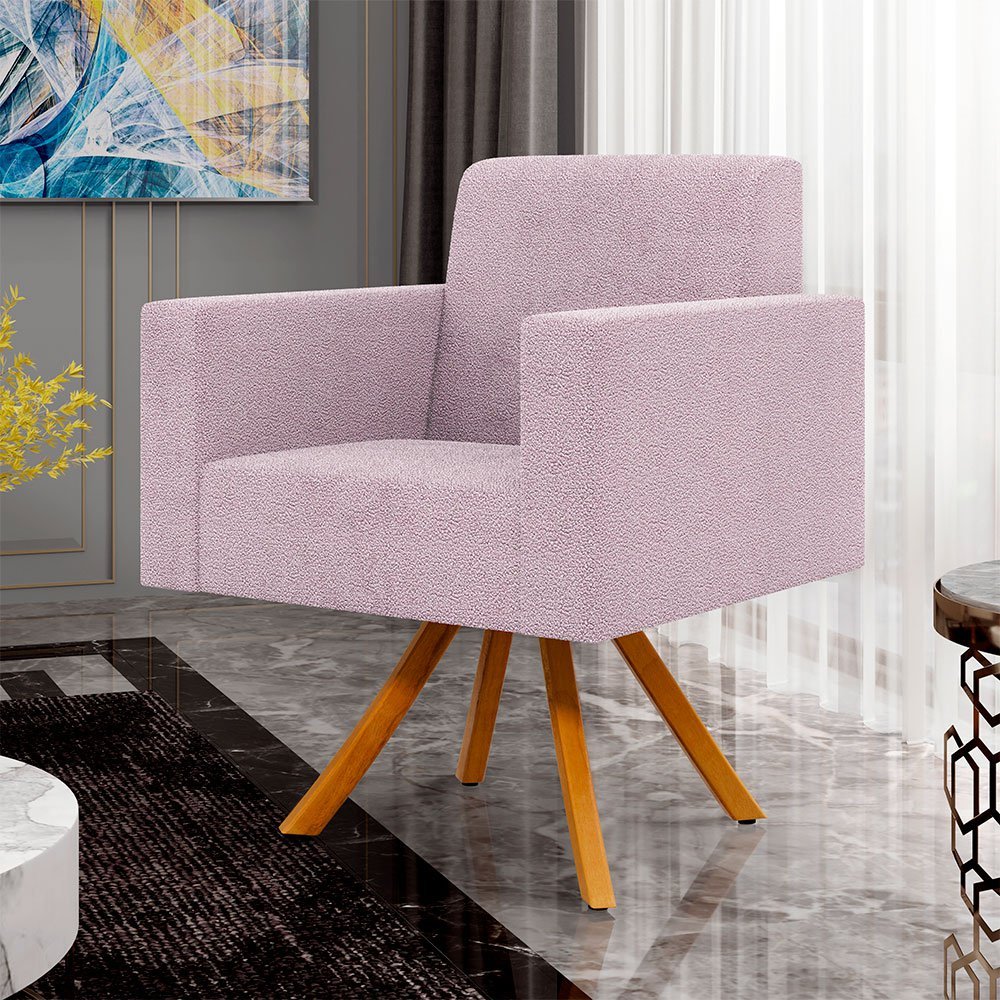 Poltrona Giratória Sala de Estar Base de Madeira Helô L02 Bouclê Rosê ...