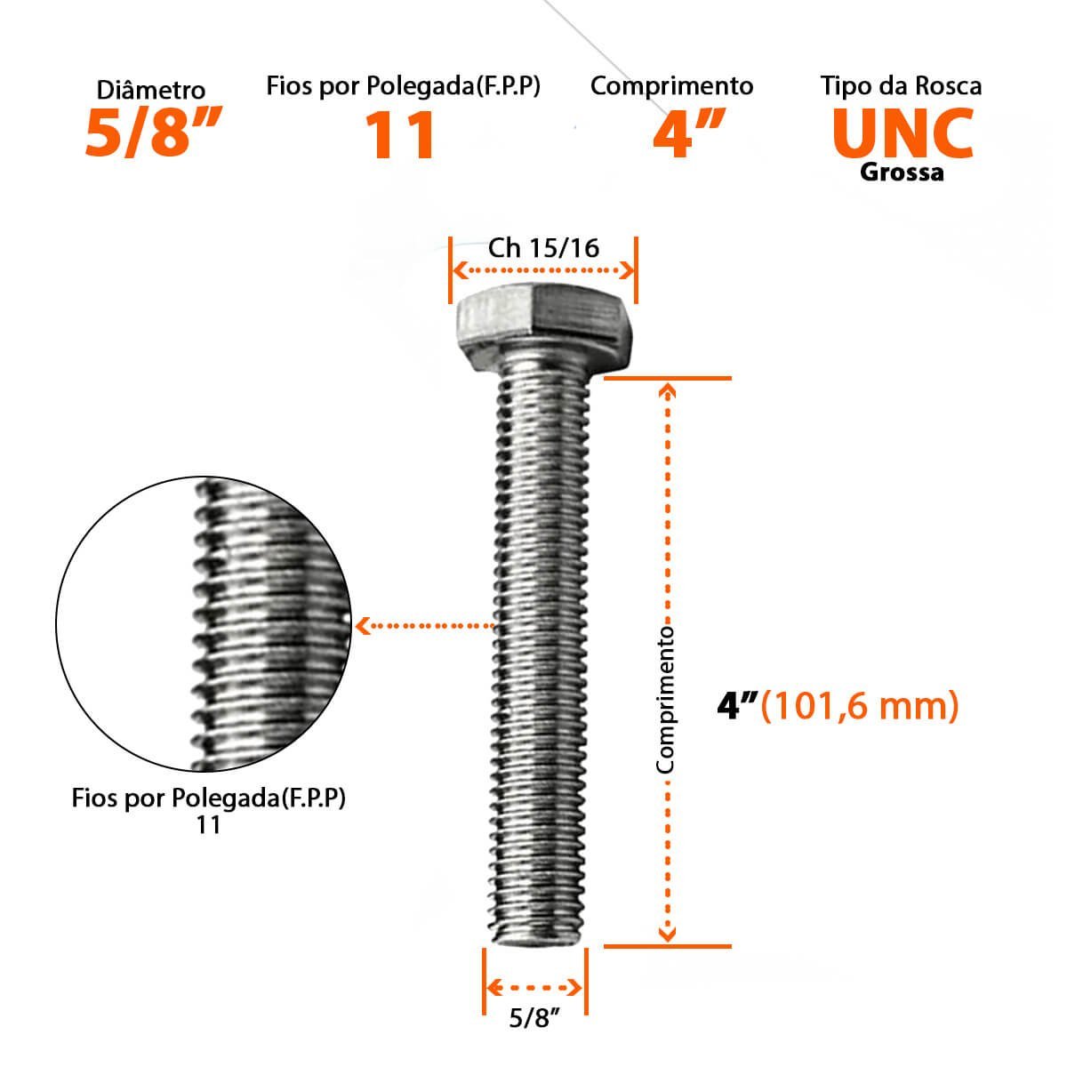 Parafuso Sextavado 5/8 x 4 Rosca Inteira Zincada 20 Pç Diversas ...