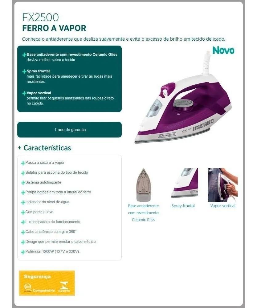 Ferro a Vapor Black Decker Fx2500 Base Ceramic Gliss 220v | MadeiraMadeira