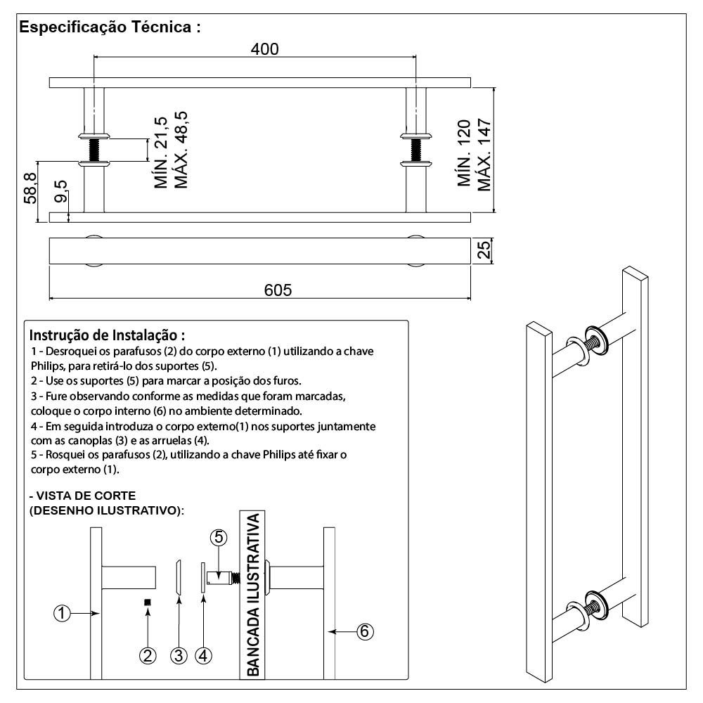 Puxador Duplo Pivotante Quadrado Barra 60cm Aço Inox Porta Vidro ...