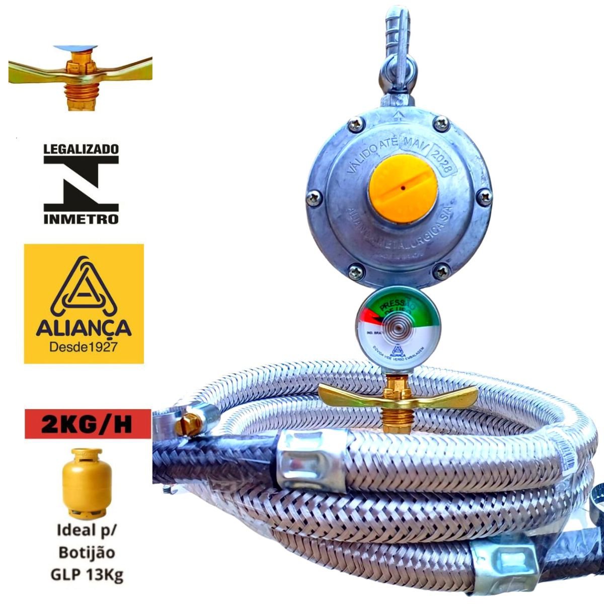 Regulador 506 visor Gas Aliança 2kg/h Mangueira inox 1,5 mts ...