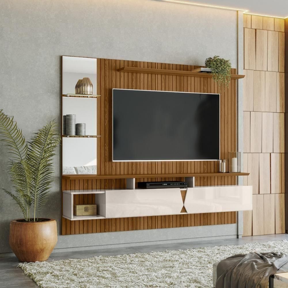 Painel Vega Painel para Tvs até 55 Polegadas 2 Portas Freijo Ripado Off White Perolizado ...