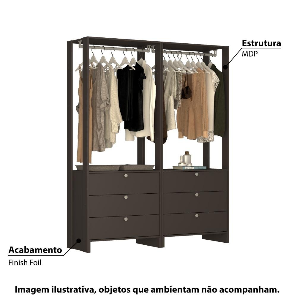 Estante Closet Yes com 6 Gavetas e 2 Cabideiros - Grafite | MadeiraMadeira