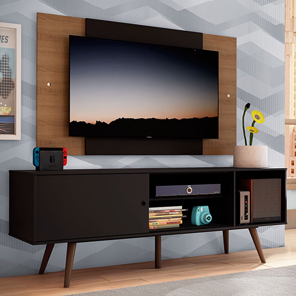 Rack Madesa Cairo e Painel para TV até 58 Polegadas com Pés de Madeira Preto/Rustic 8NC1 Cor ...