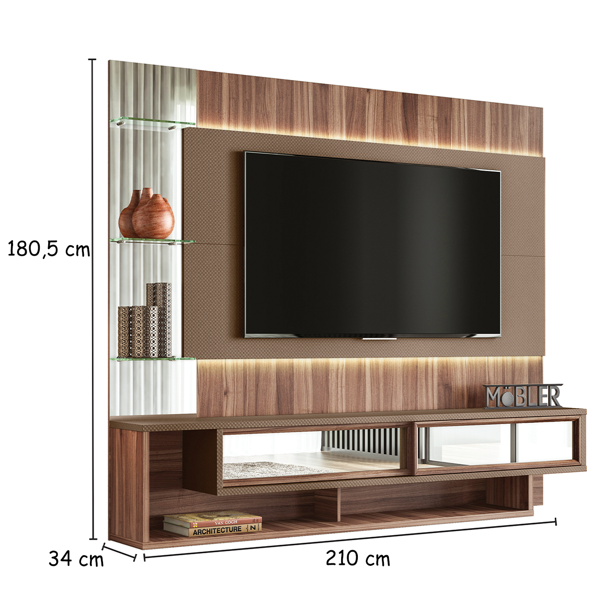 Painel para TV 75 Polegadas com Espelho 210cm Canadá Sépia/Nogueira ...