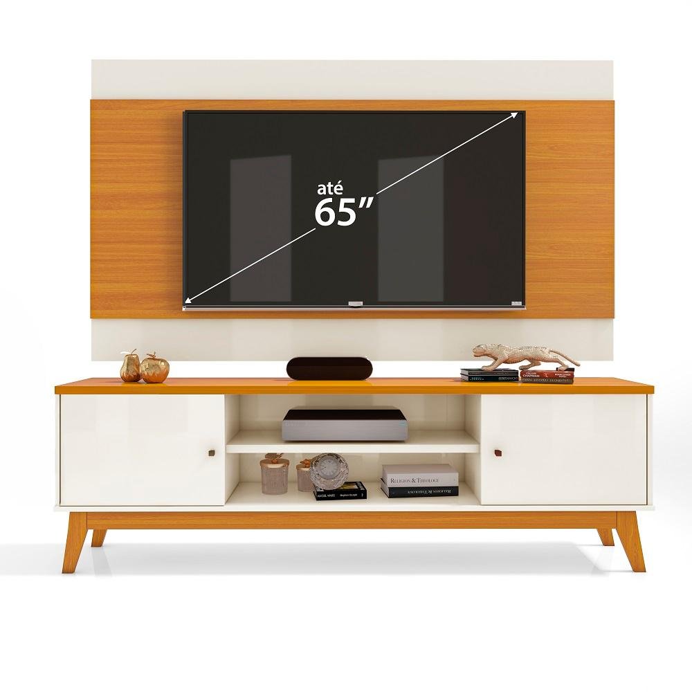 Conjunto Buffet 3 Portas Ripado e Rack com Painel 180cm Cor:Off White/Cedro | MadeiraMadeira