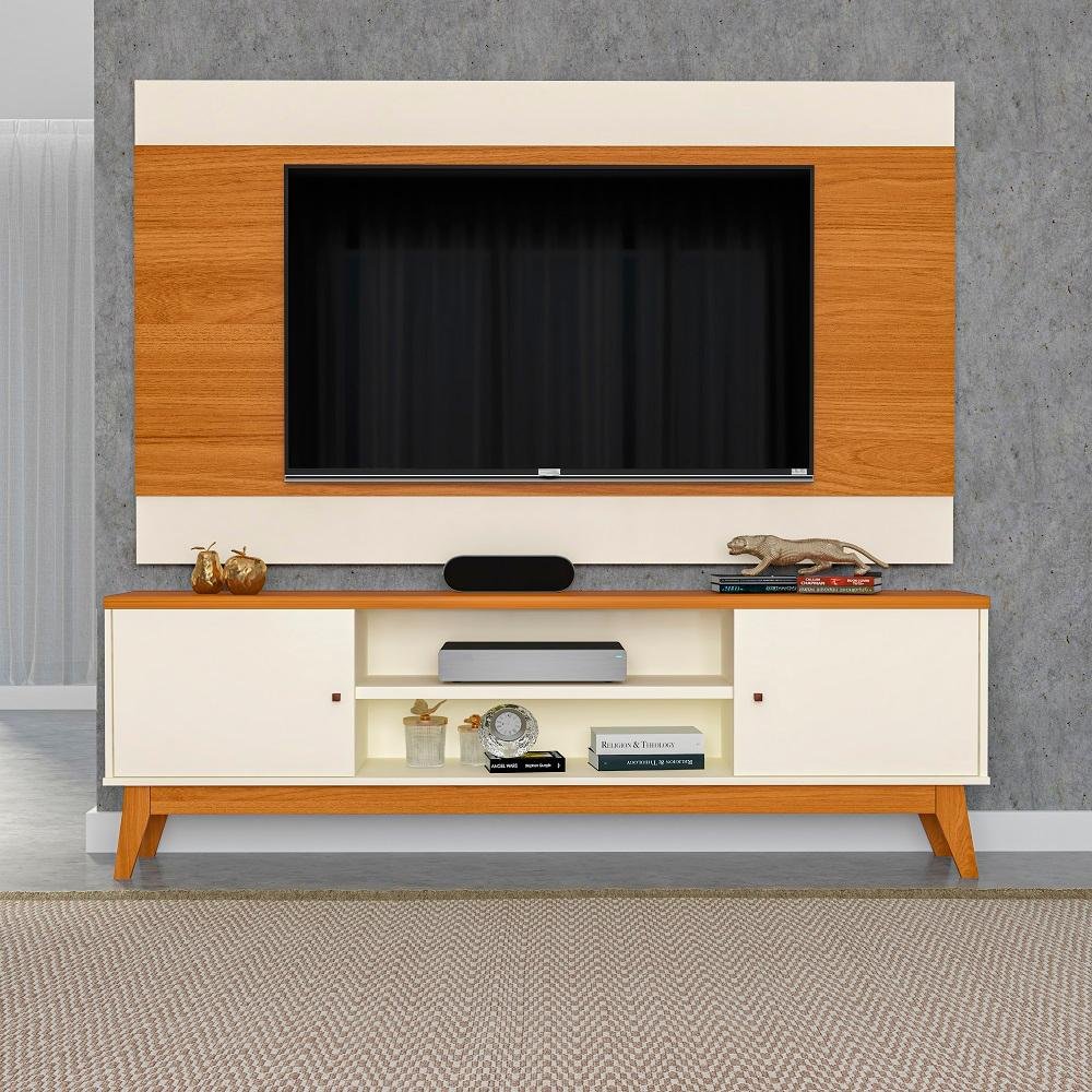 Conjunto Buffet 3 Portas Ripado e Rack com Painel 180cm Cor:Off White/Cedro | MadeiraMadeira