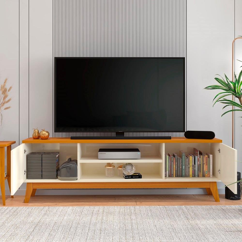 Conjunto Buffet 3 Portas Ripado e Rack com Painel 180cm Cor:Off White/Cedro | MadeiraMadeira