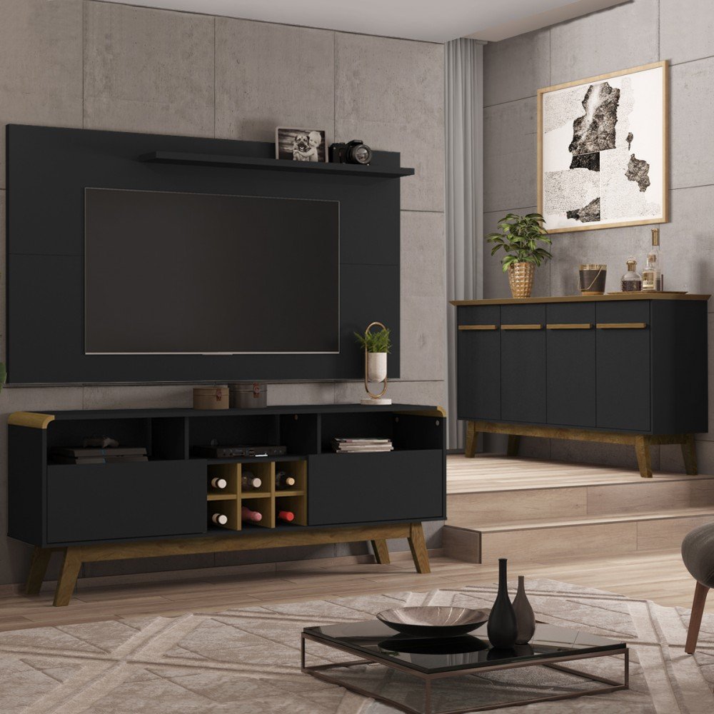 Sala de Estar Completa para TV Até 50 Polegadas Larimar Cinamomo/Preto ...