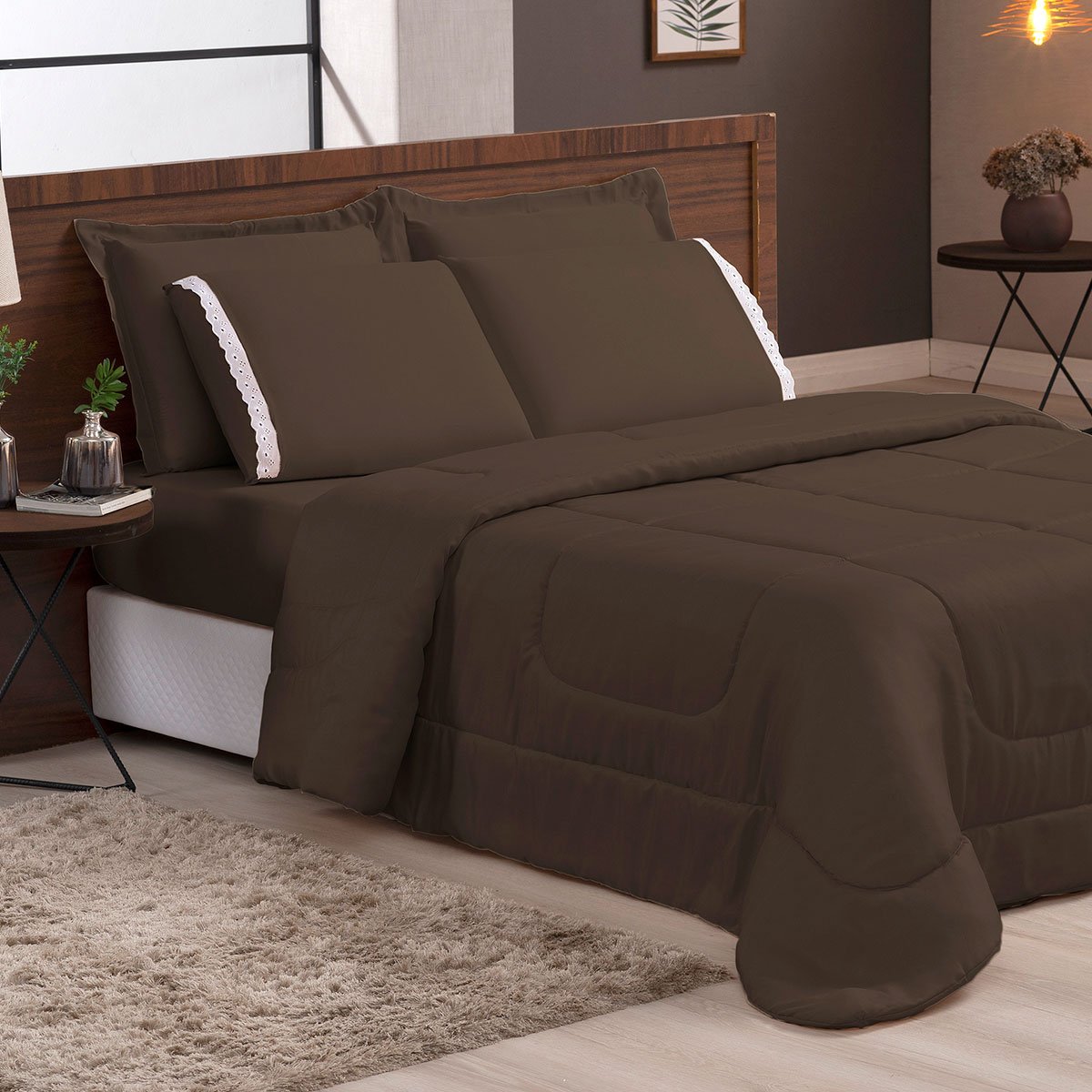 Kit Edredom Queen Microfibra Dupla Face Tabaco 6 Peças Alecrim 2,40m x ...