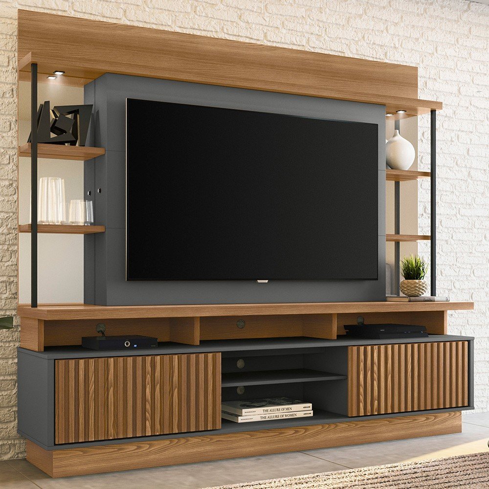 Estante Painel Para TV 60 Polegadas Com Espelho Bahia L06 Amêndoa/Cinza ...