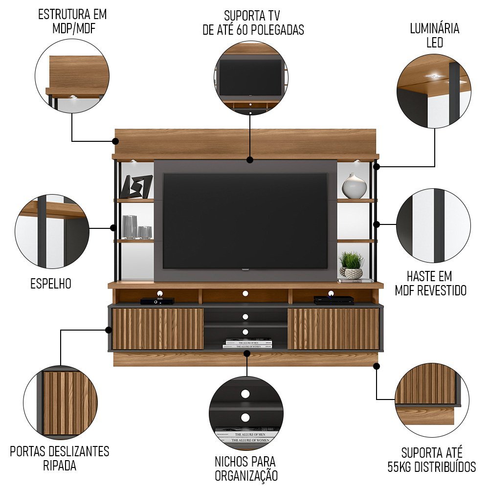 Estante Painel Para TV 60 Polegadas Com Espelho Bahia L06 Amêndoa/Cinza - Mpozenato | MadeiraMadeira