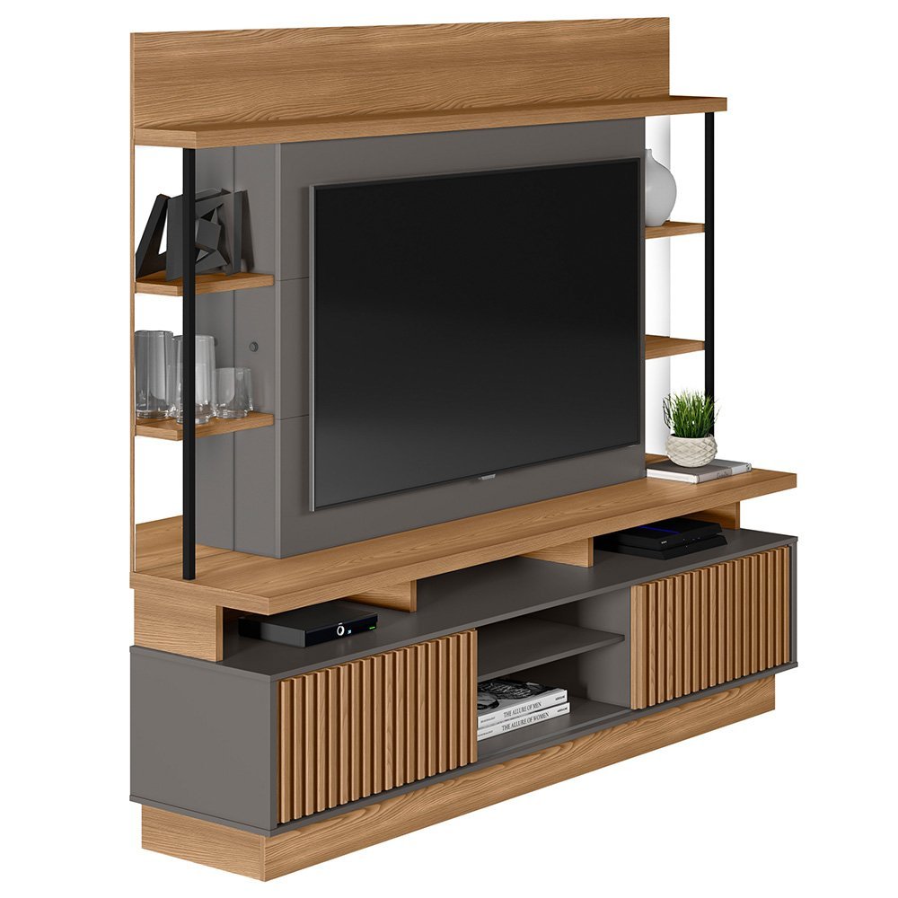 Estante Painel Para TV 60 Polegadas Com Espelho Bahia L06 Amêndoa/Cinza ...