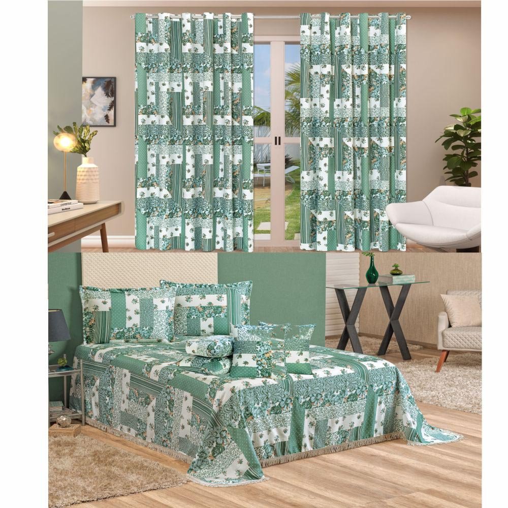 Kit Belline Colcha Queen com Capas Almofadas + Cortina 3 Mts - Verde ...