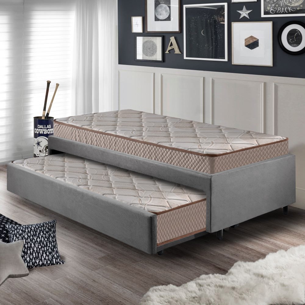 Bicama Box Solteiro Suede Cinza 88x188 com Dois Colchões Espuma Supreme ...