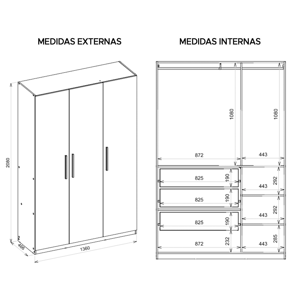 Guarda-Roupa Casal 3 Portas 3 Gavetas Paris Branco Caemmun | MadeiraMadeira