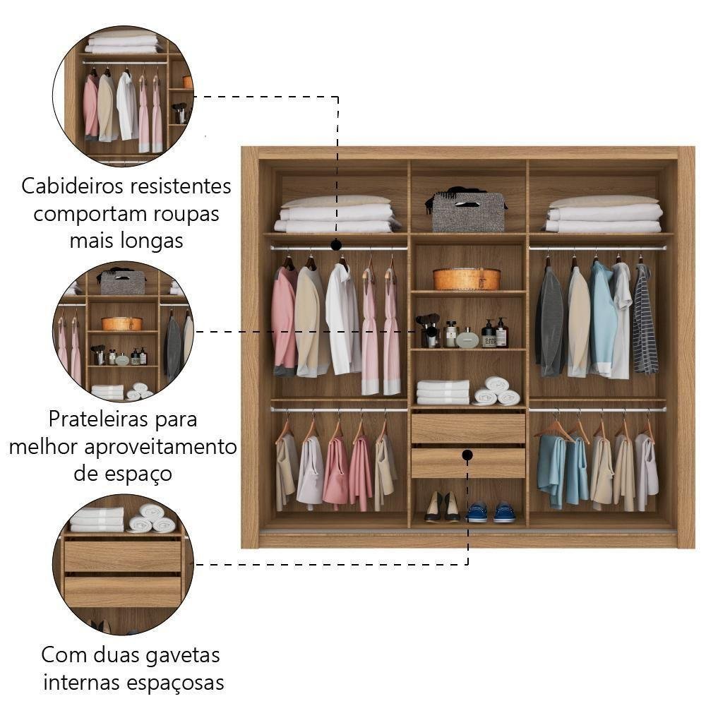Guarda Roupas Casal 3 Portas De Correr Com Espelho 2 Gavetas ...