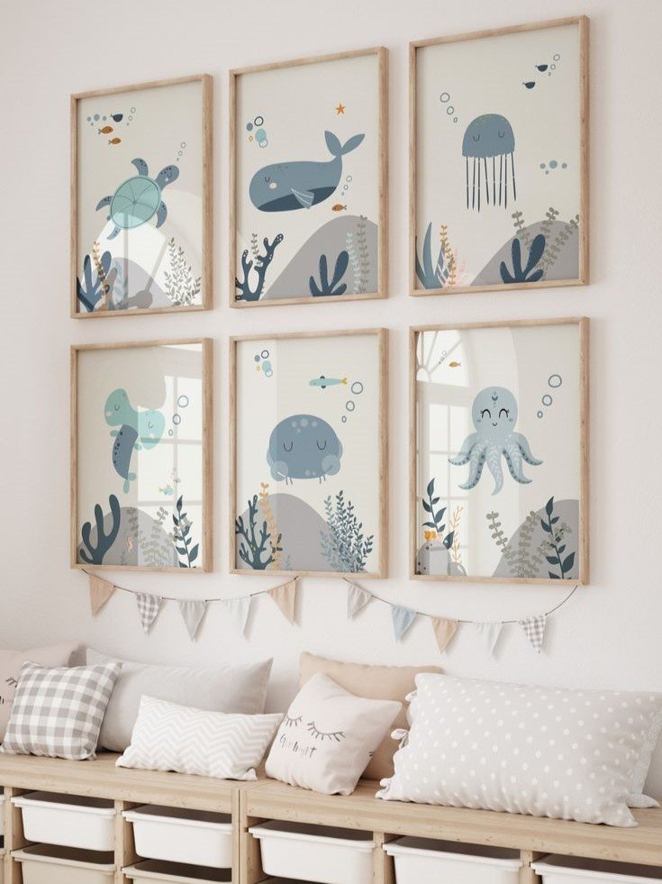 Kit 6 Quadros Decorativos Infantil Animais Fundo Oceano No1 ...