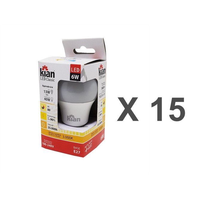 Kit 15 Lâmpadas Bulbo Led 6w Branco Morna 3000k Bivolt Kian | MadeiraMadeira