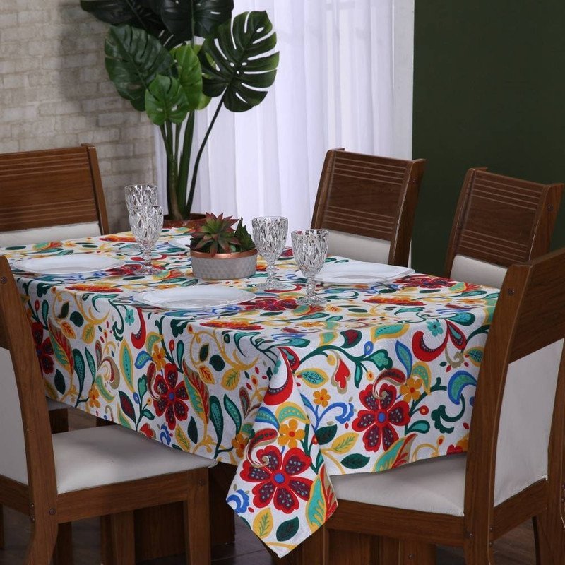 Forro Mesa Jacquard Retangular 6 Lugares Flor Colorida Luxo ...