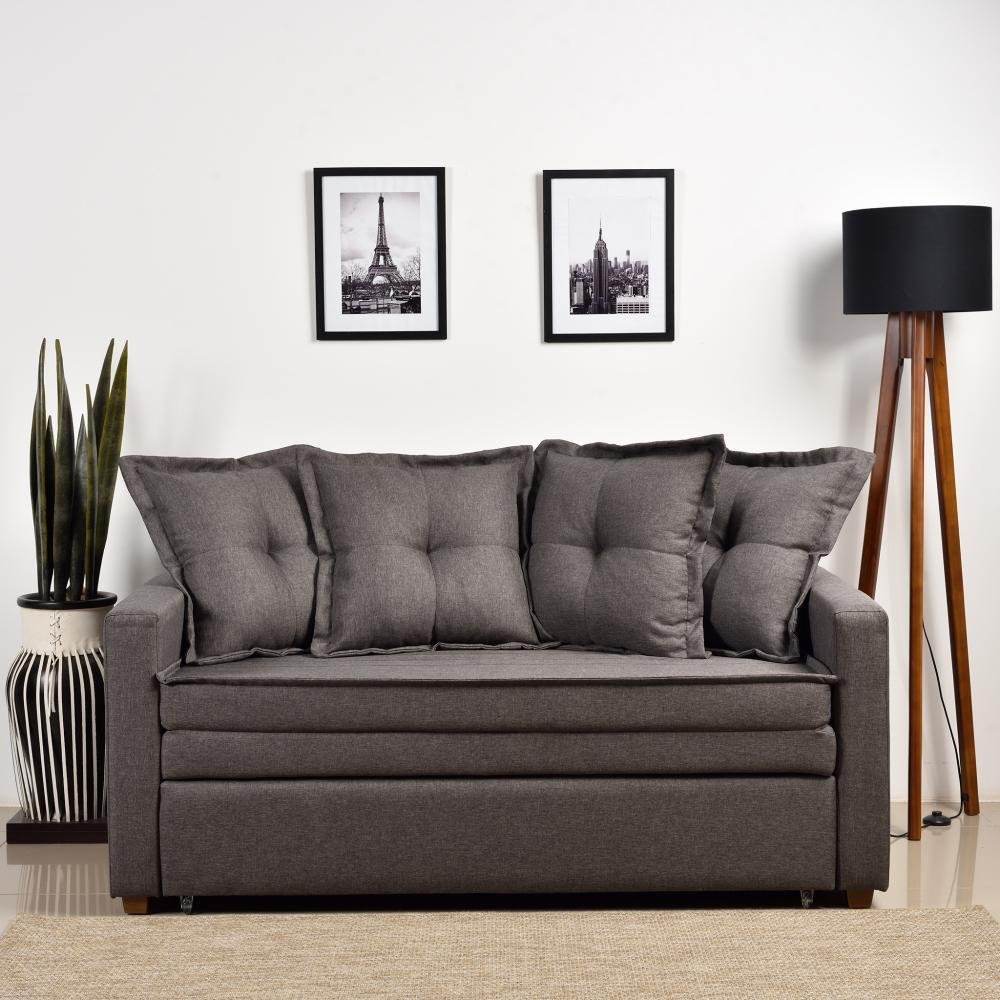 Sofá Cama Retrátil Casal 2 Lugares 4 Almofadas Bino DJ Móveis Linho Cinza | MadeiraMadeira