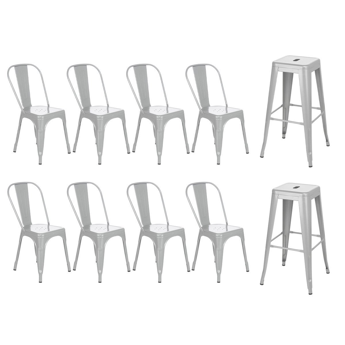 Kit 8 cadeiras + 2 banquetas altas industrial Loft Vintage Iron Tolix prata | MadeiraMadeira
