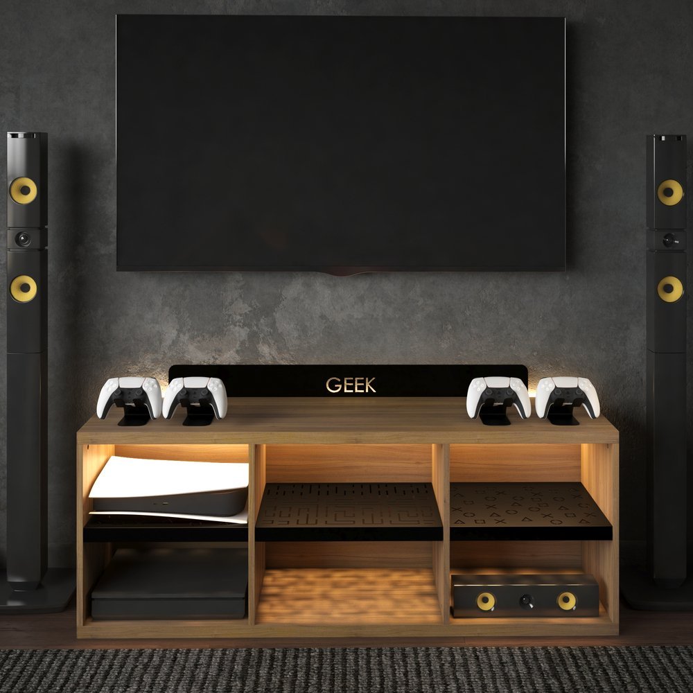 Rack Estante Bancada Gamer Geek Madeira Com Metal Com Led Incluso Para ...