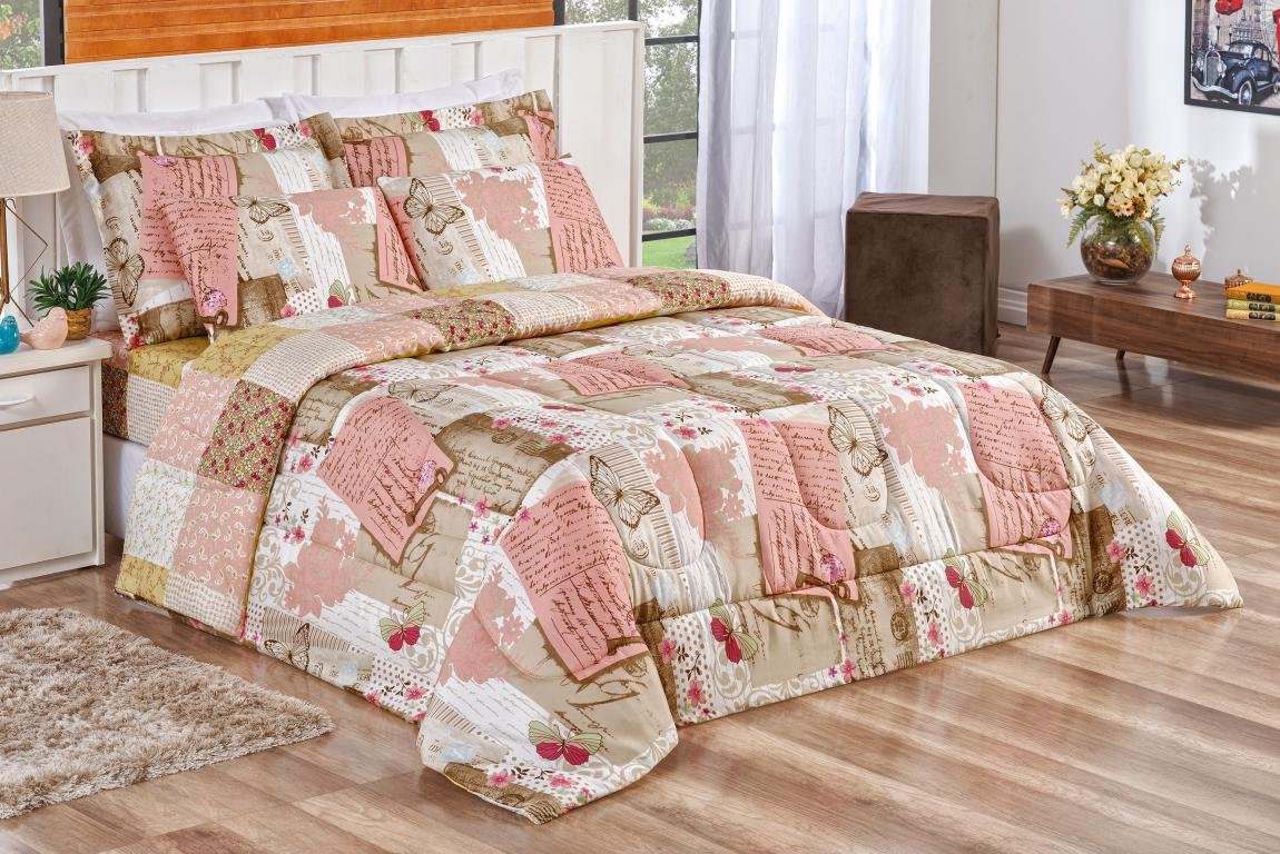 Kit Edredom Casal King Bouti Dupla Face 3 Peças Patchwork Rose ...