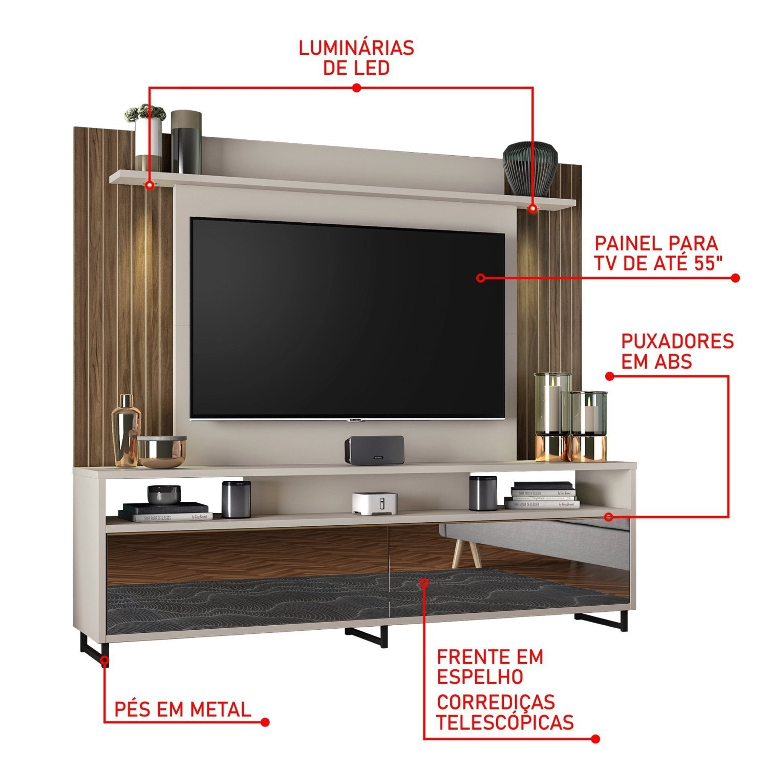 Estante Home para TV até 55 Polegadas 2 Gavetas 1 Prateleira com LED ...