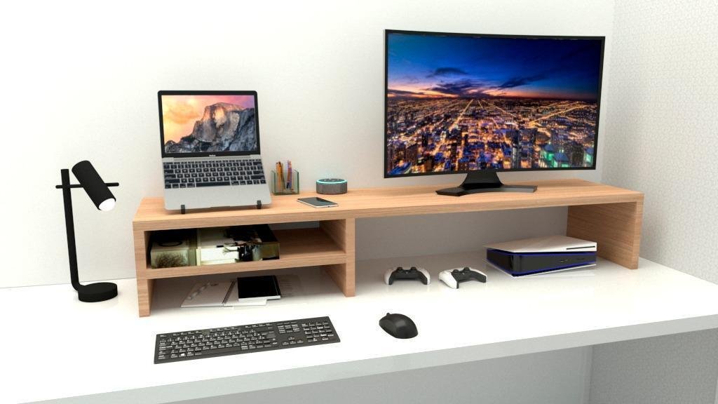 Base Suporte Monitor Setup Gamer 100x20x15 Carvalho Mel Mdf ...