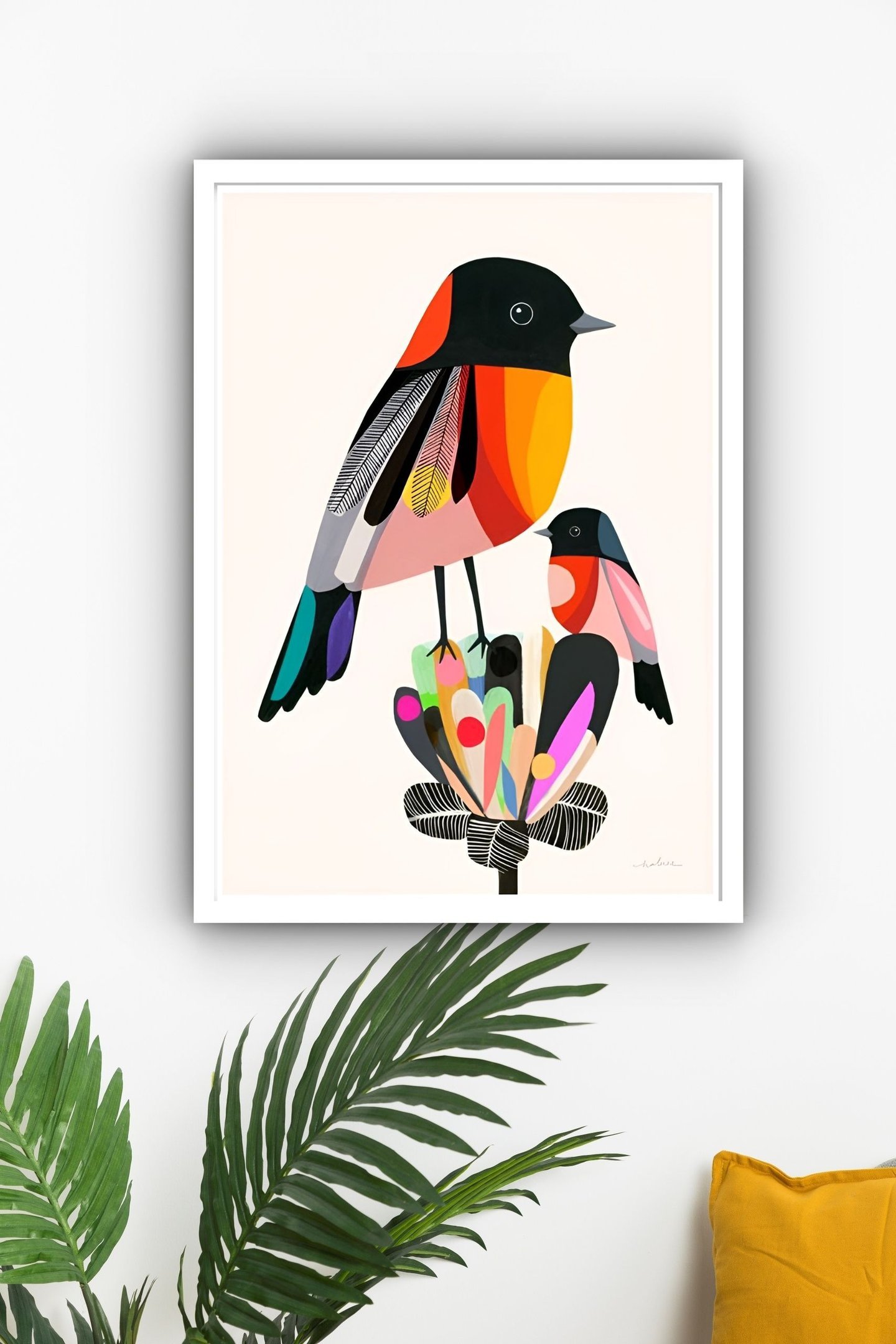 Quadro Decorativo Arte Pássaros Flor Coloridos - 70x50cm:moldura Branca ...