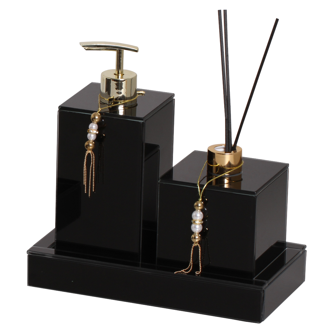 KIT LAVABO BANHEIRO LUXO VIDRO 3 PEÇAS: PRETO DOURADO | MadeiraMadeira