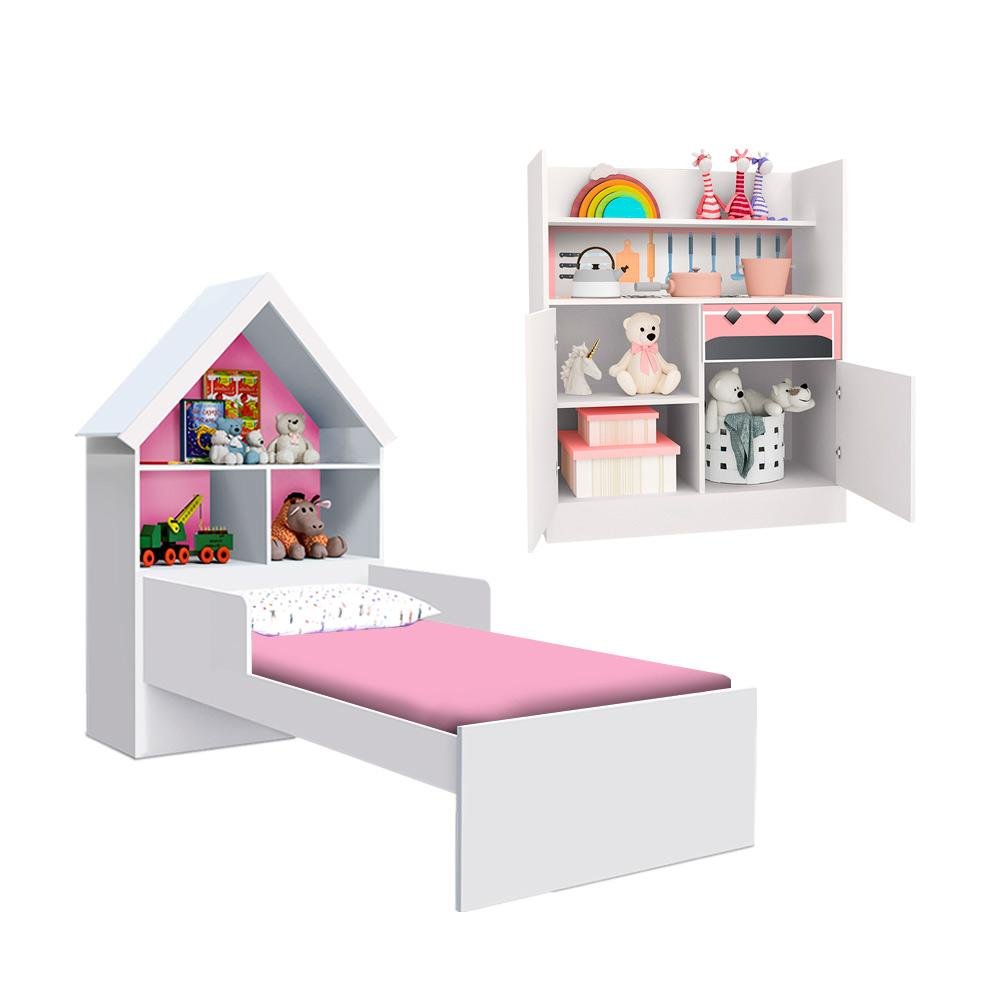 Cama Infantil Branca Com Cozinha Infantil MDF Rosa Bebê Magia Gabrielli ...