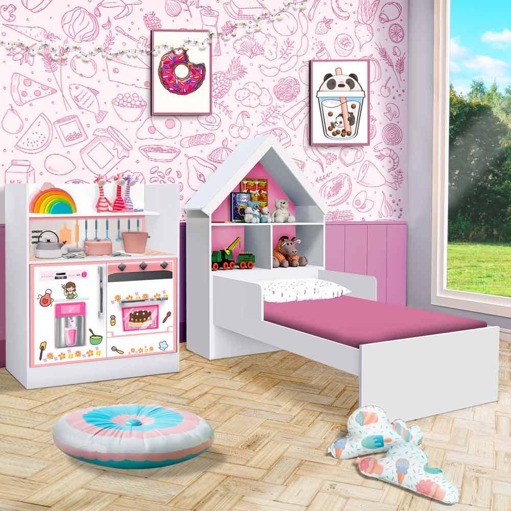 Cama Infantil Branca Com Cozinha Infantil MDF Rosa Bebê Magia Gabrielli ...