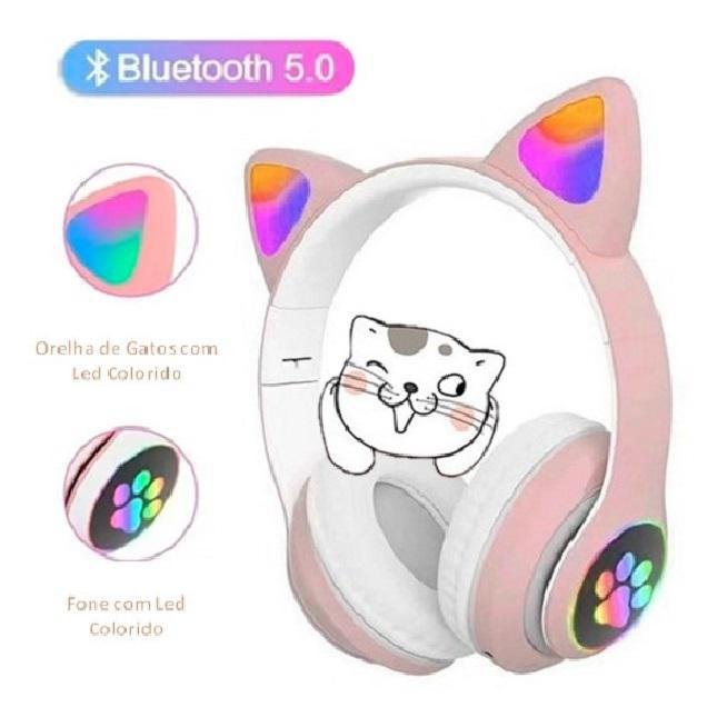 Fone de Ouvido Bluetooth Gatinho 5.0 Dobravel Rosa P33 | MadeiraMadeira