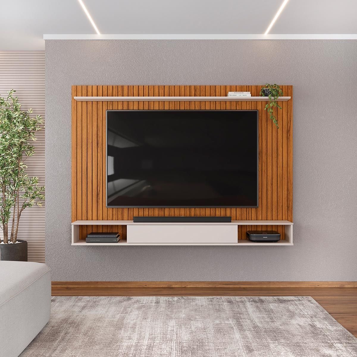 Painel Ripado para Tv 70 Polegadas com Prateleira e Nichos Rio Freijó ...