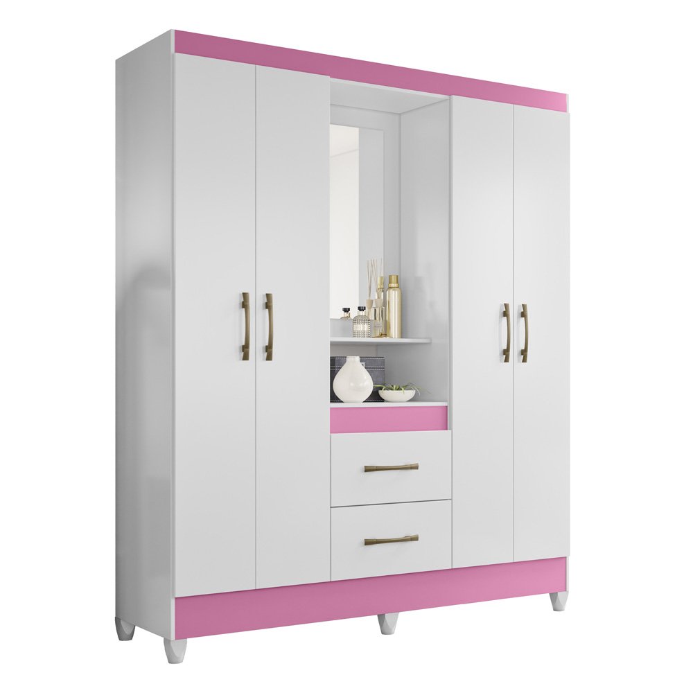 Guarda Roupa 4 Portas com Espelho Niterói Branco Rosa Flex 983440 Moval ...