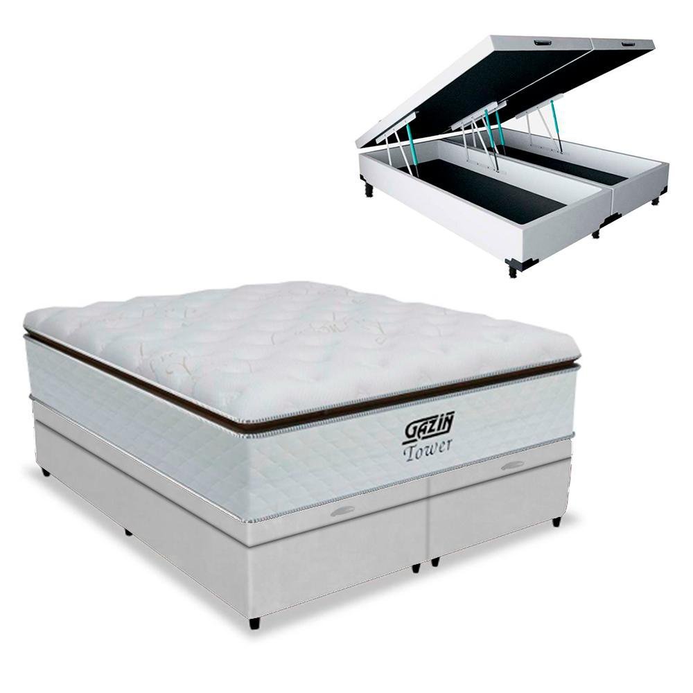 Cama Box Queen Baú Cinza Colchão PillowTop e Molas Ensacadas Tower ...