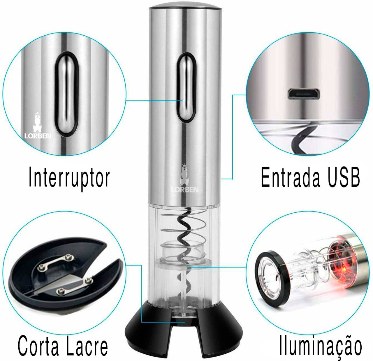 Saca Rolha Elétrico com Luz de Led Abridor sem Fio Bateria Recarregável ...