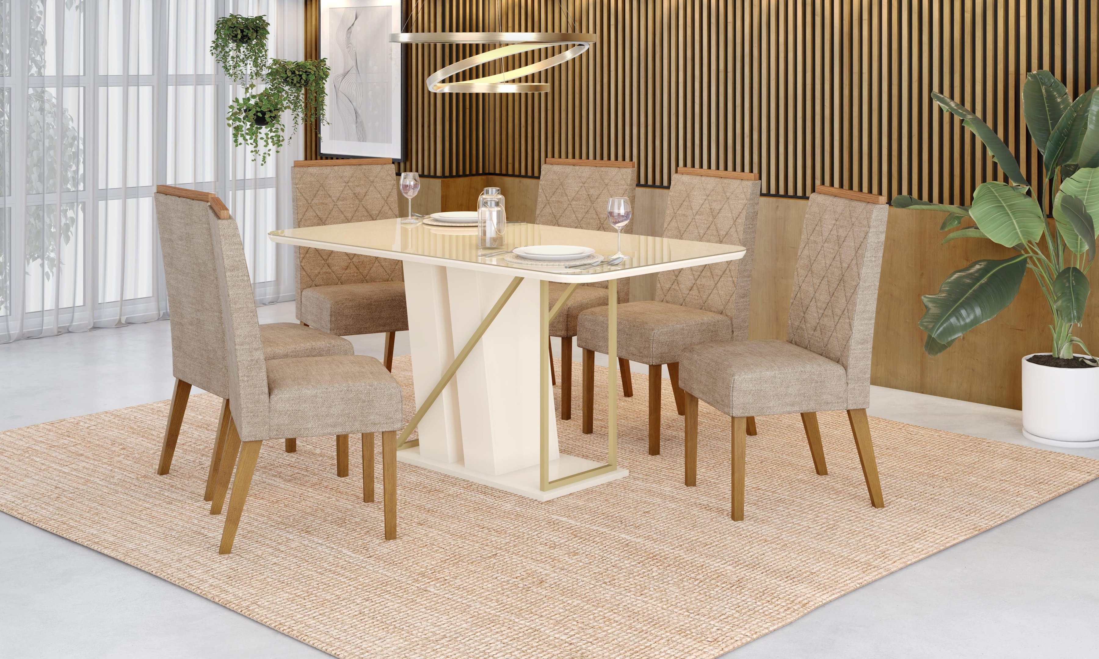 Mesa de Jantar Andy 160 C. Vidro 6 Cad. Nina Creme - Henn | MadeiraMadeira