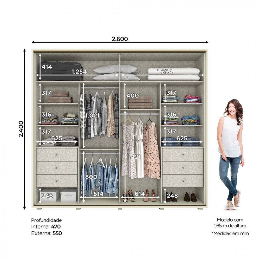 Guarda-Roupa Henn Valência 2 Portas De Correr E 6 Gavetas com Espelho ...