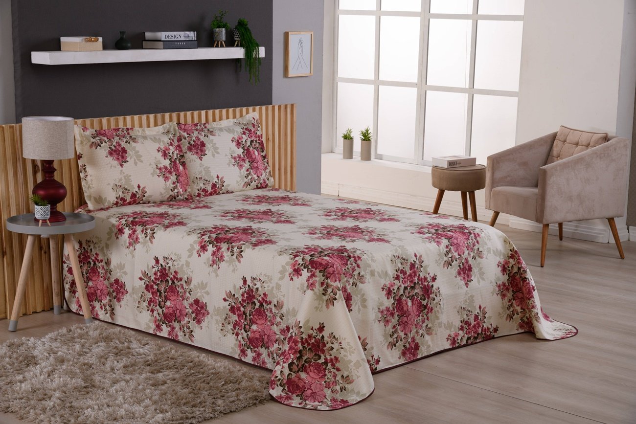 Colcha Cobre Leito Casal King 3 Pç Estampado Floral Viena Rosas ...