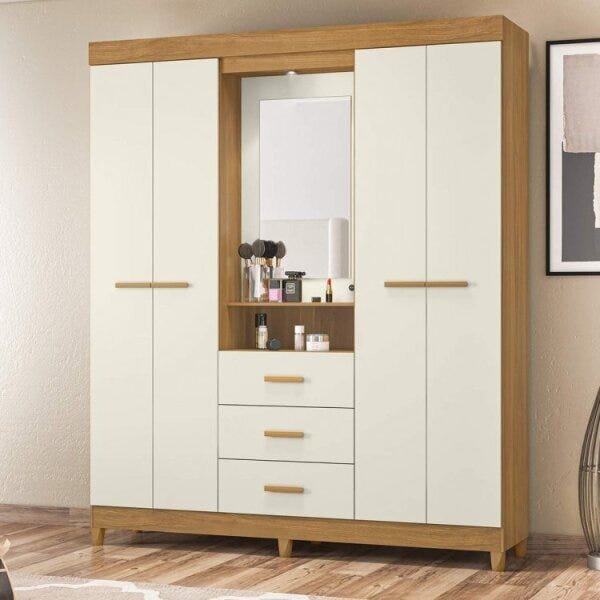 Conjunto Quarto de Casal Guarda-Roupa com Espelho 4 Portas e 3 Gavetas ...