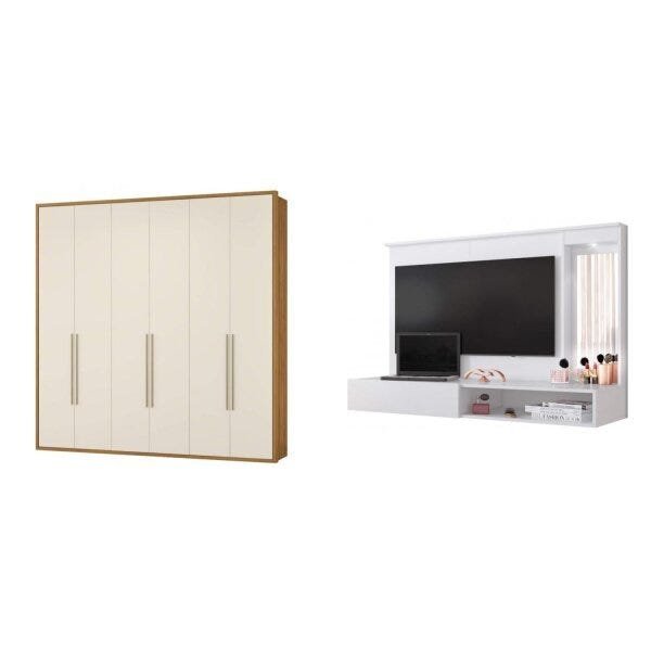Conjunto Quarto de Casal Guarda-Roupa 6 Portas 4 Gavetas e Painel para ...