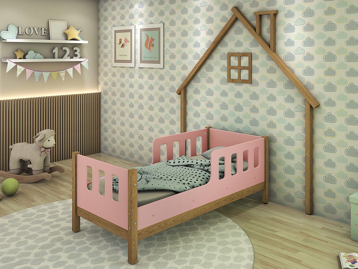 Cama Infantil Com Grade Lateral Moldura de Casinha Rosa | MadeiraMadeira