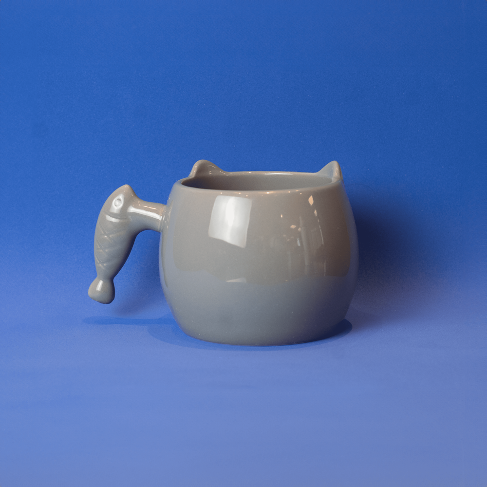 Caneca de Porcelana Cat Loves Fish - Cinza | MadeiraMadeira
